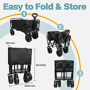 Heavy Duty Utility Collapsible Folding Wagon with Large All-Terrain Beach Big Wheels, 330lbs Outdoor Utility Wagon with Cargo Net & Strap, Portable Large Capacity Beach Wagon for Camping, Beach