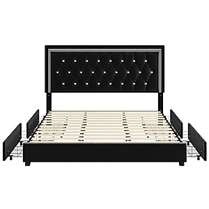 HITHOS Queen Size Bed Frame with 4 Storage Drawers and Adjustable Headboard, Modern Upholstered Platform Bed with Wood Slat Support, Diamond Button Tufted Design, No Box Spring Needed (Black, Queen)