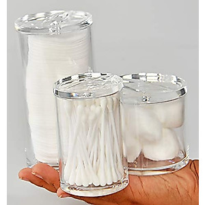 Home-X Bathroom Organizer Jars, 3 in 1 Acrylic Storage Containers with Lids, Vanity Decor, Cotton Rounds and Swabs Organizer, 5 ½” H x 2 ¾” D, 3" H x 3" D, 3 ¾” H x 2 ¼” D