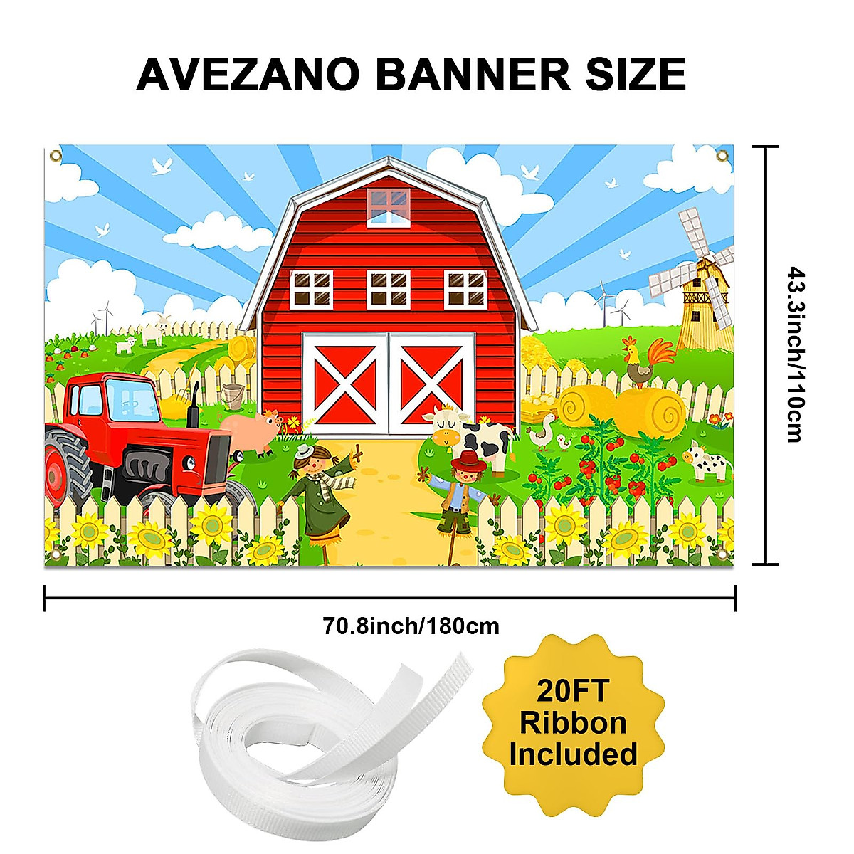 Avezano Red Farm Birthday Backdrop Barn Farm Birthday Party Banner Farm Animals Theme Baby Shower Party Decorations Background 70.8x43.3 inch
