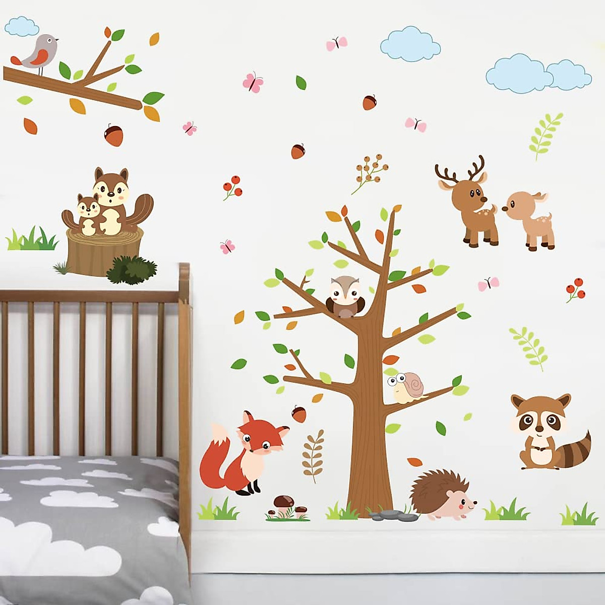 Runtoo Forest Animals Tree Wall Decals for Kids Fox Squirrel Deer Door Wall Stickers Girls Bedroom Baby Nursery Wall Decor