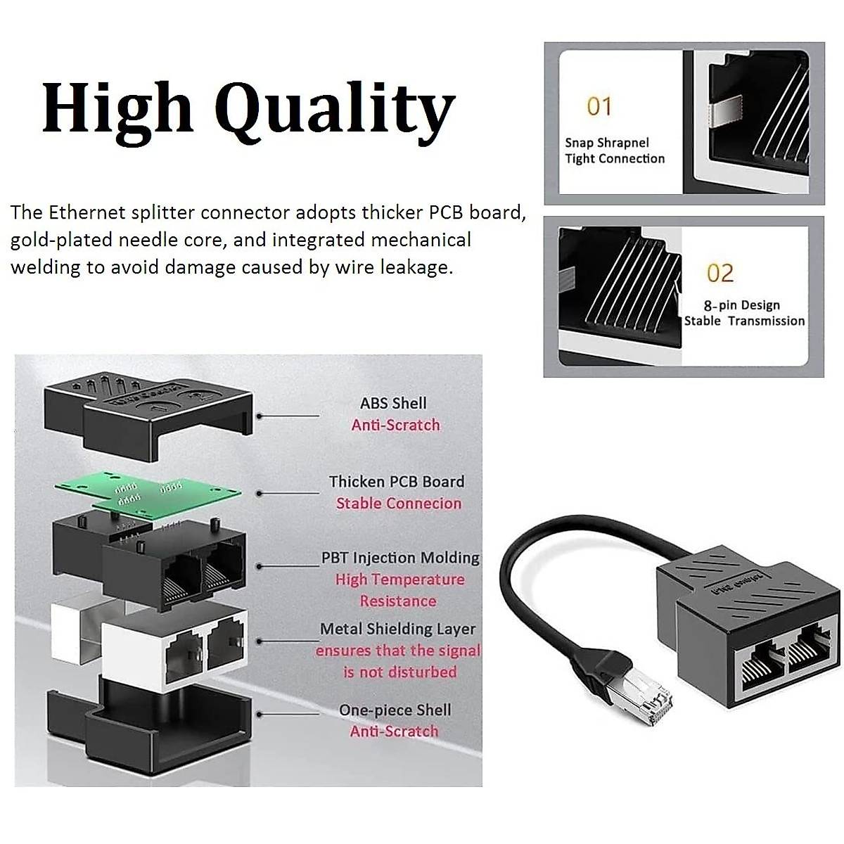 2Pack RJ45 Ethernet Splitter Cable Network Adapter 1 Male to 2 Female, Suitable Super Cat5, Cat5e, Cat6, Cat7 Connector LAN Ethernet Cables Internet Adapter, Black
