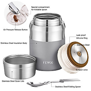 FEWOO Thermos for Hot Food, Vacuum Insulated Soup Containers, 24oz Stainless Steel Lunch Box for Kids Adults, Thermal Food Jar for School Office Travel (Silver)