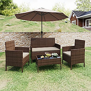 Greesum Patio Furniture 4 Pieces Conversation Sets, Brown and Beige & Nourison Aloha Indoor/Outdoor Green 3'6" x 5'6" Area-Rug, (3x5)