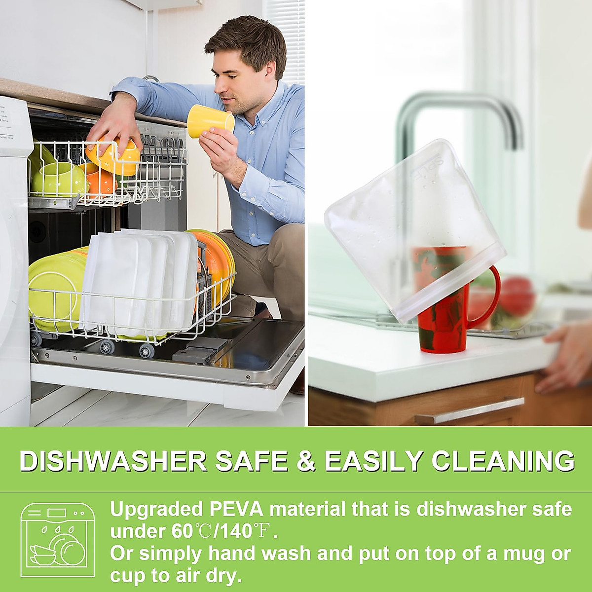 SPLF 12 Pack Dishwasher Safe Reusable Storage Bags (5 Sandwich Bags, 5 Snack Bags, 2 Gallon Bags), BPA Free Freezer Safe Leakproof Silicone and Plastic Free Lunch Bags Food Storage