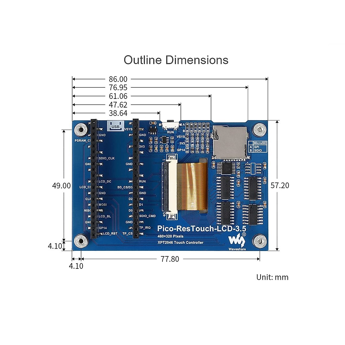 waveshare for Raspberry Pi Pico LCD 3.5inch Touch Display Module 480×320 Resolution 65K Colors Display IPS Screen,Resistive Touch Controller XPT2046, ILI9488 Driver, Using SPI Bus