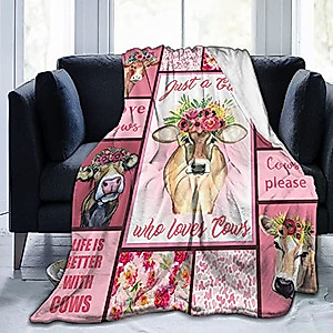 Blanket Cow Print Throw Soft Warmth Flannel Lightweight Cozy Baby Blankets Pink and Flowers Cow Throw Blanket Cow Bedding Decor for Sofa Couch Chair Bedroom60 X50