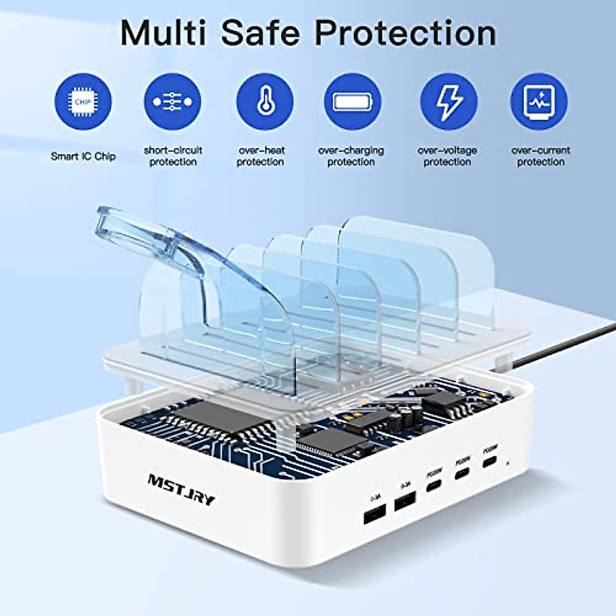MSTJRY Fast Charging Station - USB C and USB A, 90W 5-Port PD Charger Station for Multiple Devices Apple Designed for iPad, iPhone 14 13 12 Series Galaxy Note 20 S21 S22 Tablet, Holder for Apple Watch