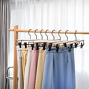 Nature Smile Deluxe Beech Wooden Pants Hangers Bottom Hanger Jeans Hanger Trousers Skirt Hanger with 2-Adjustable Black Matt Clips and Hook 10 Pack (Natural Wood+Black Metal)
