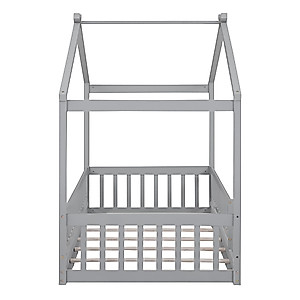 MERITLINE Twin House Bed for Kids Twin Montessori Floor Bed Frame with Rails and Roof, No Box Spring Needed, for Kids Teens Girls Boys (Twin Size, Gray)