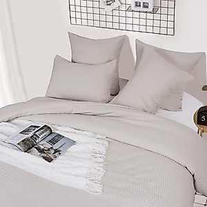 PHF Waffle Weave Duvet Cover Set Queen Size, 3PCS Washed Microfiber Boho Comforter Cover Set, Ultra Soft Comfy Duvet Cover with Pillow Shams Bedding Collection, 90"x90", Light Khaki