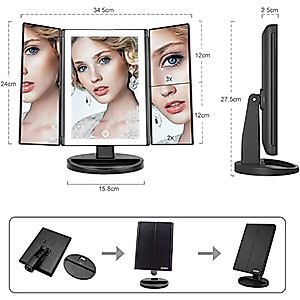 WEILY Lighted Vanity Makeup Mirror 1x/2x/3x Magnification Trifold with 36 LED Lights Touch Screen and USB Charging, 180 Degree Adjustable Stand for Countertop Cosmetic Makeup Mirror(Black)