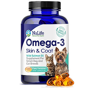 Omega 3 Fish Oil for Small Dogs & Cats - Pet Fish Oil Supplement with DHA & EPA Fatty Acids for Healthy Skin and Coat - Improves Shedding & Relieves Dry, Itchy Skin - 500mg - 120 Capsules