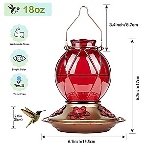 BOLITE 18016-R Hummingbird Feeder, Glass Hummingbird Feeder for Outdoors, Meshy Texture Ball Shape Bottle, 18 Ounces, Red, Xmas Gifts for Bird Lovers