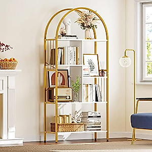 YITAHOME Gold Arched Bookshelf and Bookcase, 5 Tier Standing Book Shelf, Storage Display Rack Shelves for Bedroom Living Room Office,White&Gold