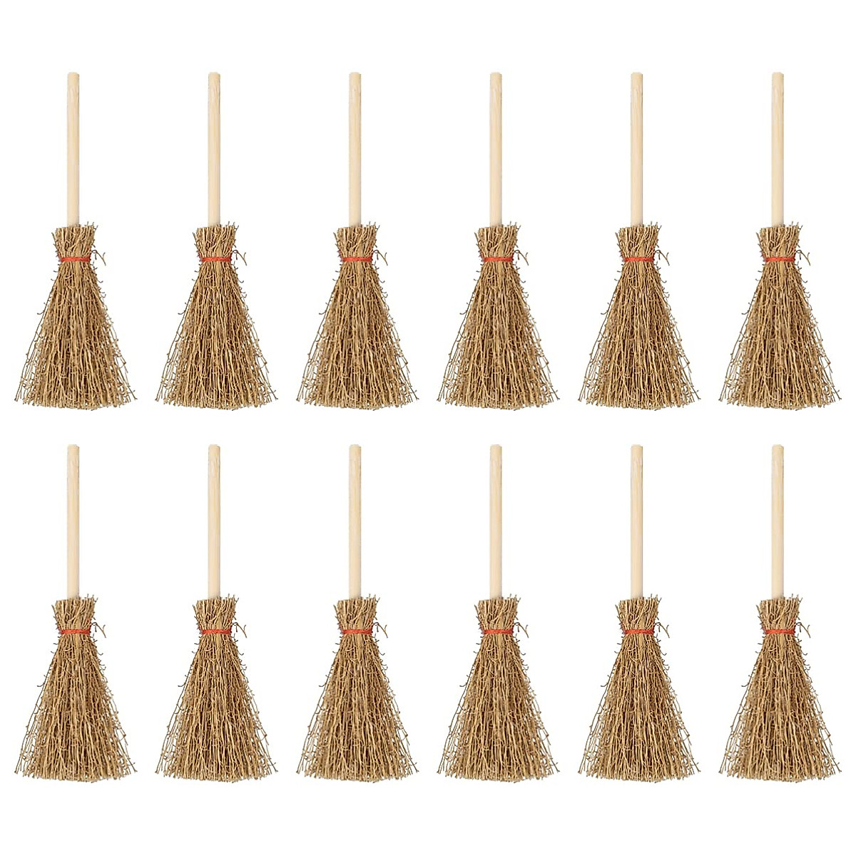 SEWACC 12pcs Mini Broom Decoration Miniature Artificial Straw Brooms Hanging Ornament Halloween Straw Craft Decor Witches Broom for Cosplay Party