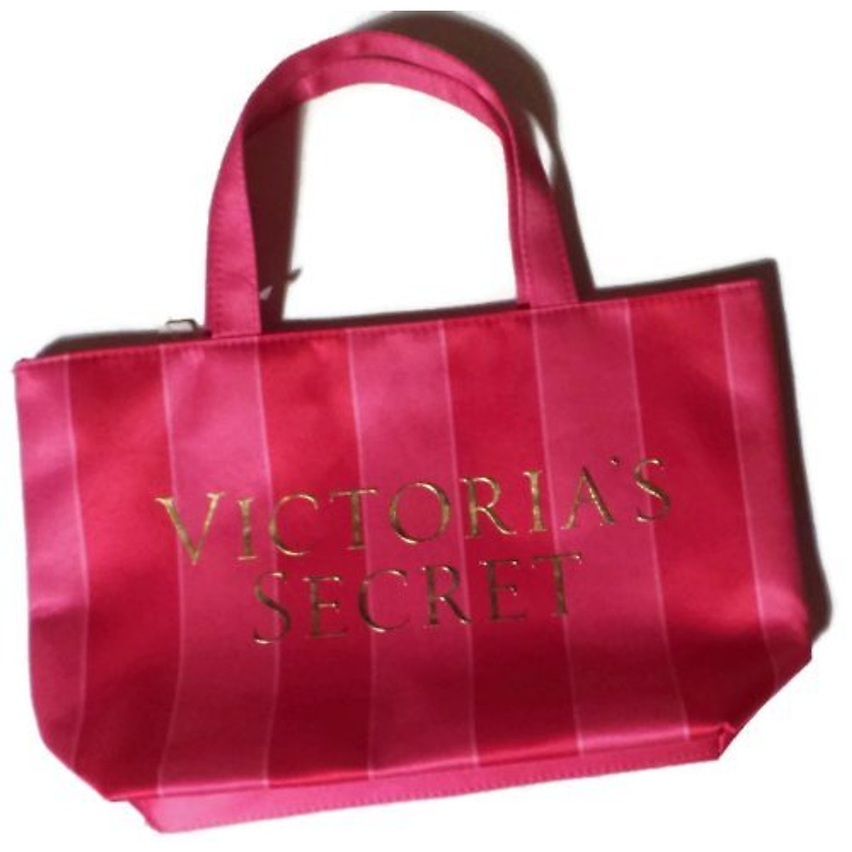 Victoria's Secret Mini Tote Bag Pink and Red Striped with Victoria's Secret Across the Front (Size 12" X 7" X 3")