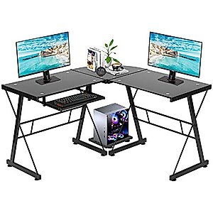 FDW Computer Desk Gaming Desk L Shaped Corner Desk Home Office Writing Workstation Toughened Glass Study Keyboard CPU Stand PC Modern Table for Small Spaces,Black