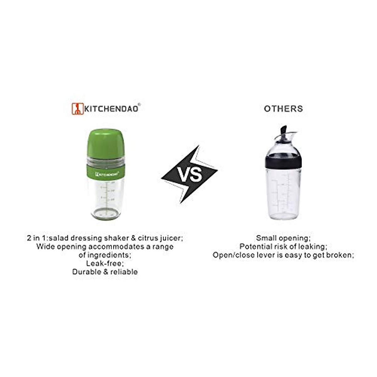 KITCHENDAO 2 in 1 Salad Dressing Shaker Container with Juicer, Pour Spout, Leakproof, Soft Grip, Dishwasher Safe, BPA Free Travel Homemade Oil and Vinegar Salad Dressing Bottle Mixer Dispenser, 1 Cup