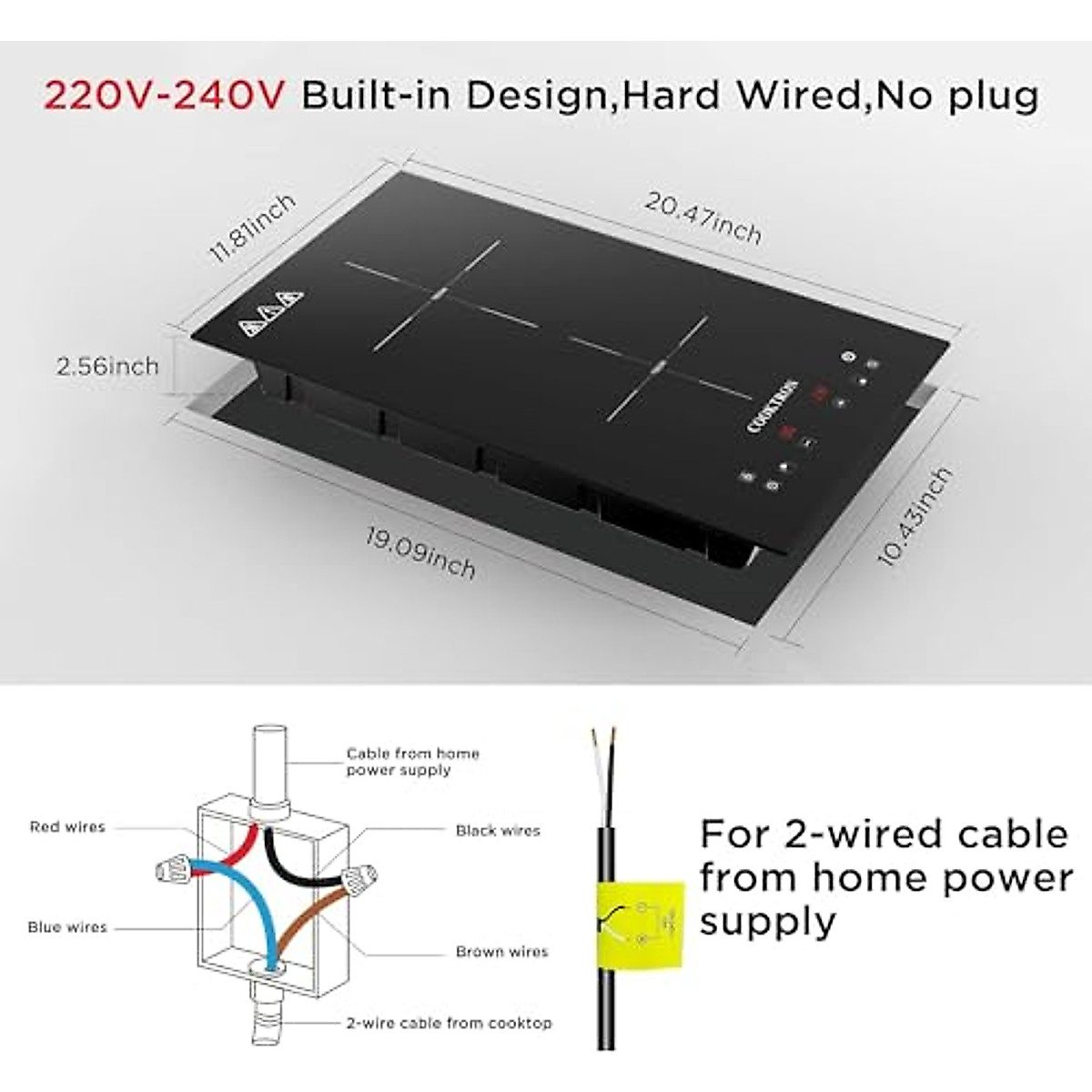 Electric Induction Cooktop,COOKTRON Built-in Electric Stovetop with 10 Power Levels, 3300W,Child Lock, Timer, Touch Control, 2 Burner Induction, Pause Function, 220-240V,Hard Wire(No Plug)