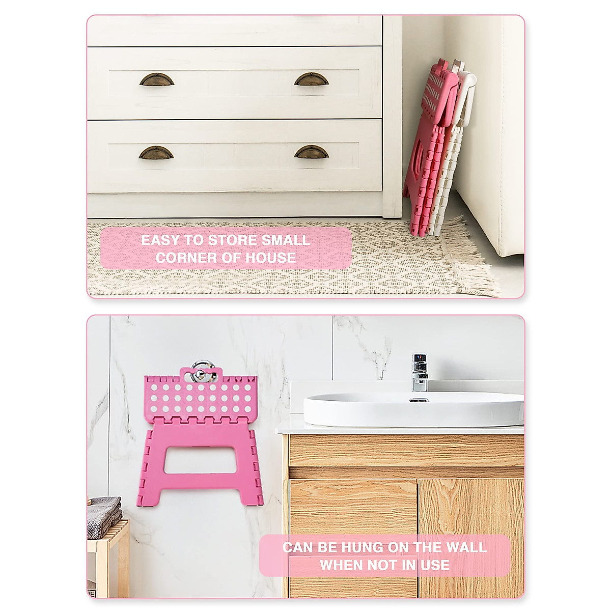 Folding Step Stool 9" and 13", Durable Kids Step Stool for Kids and Adults, Pink 2 Pack