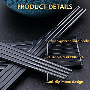 Chopsticks,LIANGKEN 5 Pairs Dishwasher Safe Fiberglass Chopsticks Set,9.5 Inch Reusable Japanese Chinese Chopsticks , Non-Slip, Easy to Use (colorful ) (9.5 inch, pure black)