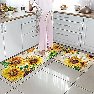 Sunflower Kitchen Rugs Mats Decor Set of 2 10mm Thickness Yellow Vintage Farmhouse Cushioned Anti Fatigue Kitchen Floor Mats PVC Non-Skid Waterproof Comfort Standing Mat Sink,17.3" x 28"+17.3" x 47"