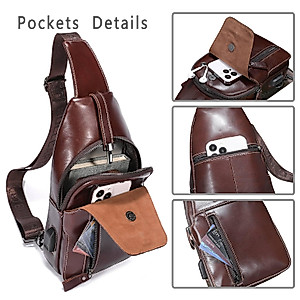 BULLCAPTAIN Genuine Leather Sling Bag Mens Crossbody Backpack for Hiking Casual Daypack Shoulder Chest Bag with USB Charging Port (Coffee)