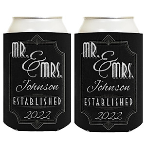 Engagement Party Favor For Women Mr & Mrs Custom Name and Established Date 2-Pack Personalized Can Coolie Drink Coolers Coolies Black