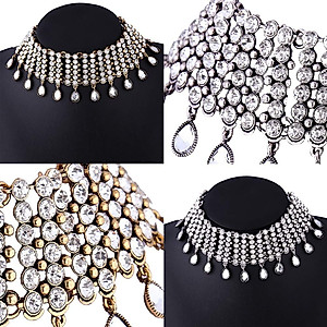 Joygulls Sexy Shining Crystal Full Rhinestone Choker Necklace Water Drop Pendant Necklace Statement Necklaces Wide Collar Necklaces for Lady Party Jewelry (Silver)