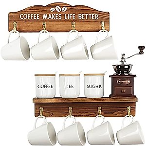 JACKCUBE Design Coffee Mug Rack, Wall Mounted Wooden 12 Coffee Cup Holder Organizer with Coffee Sign for Home Kitchen Cafe Decor - MK737A