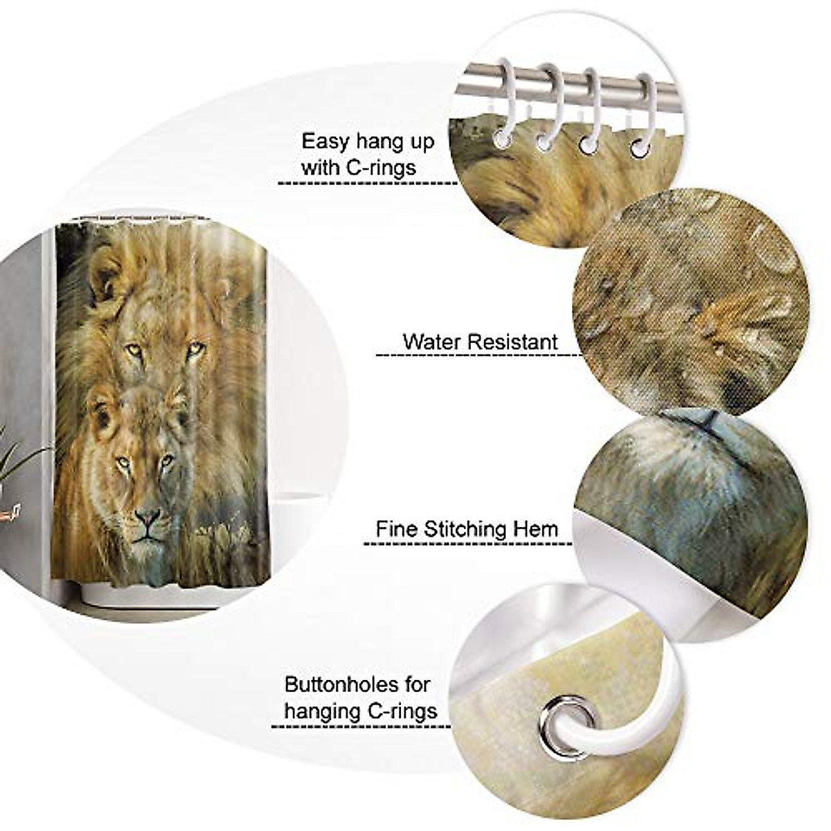 BULING 4Pcs Shower Curtain Set with Rugs,Mighty Lion Father and Son Shower Curtain with 9 Hooks, Bath Mat, Toilet Lid Rug and Non-Slip U Shape Mat Accessories