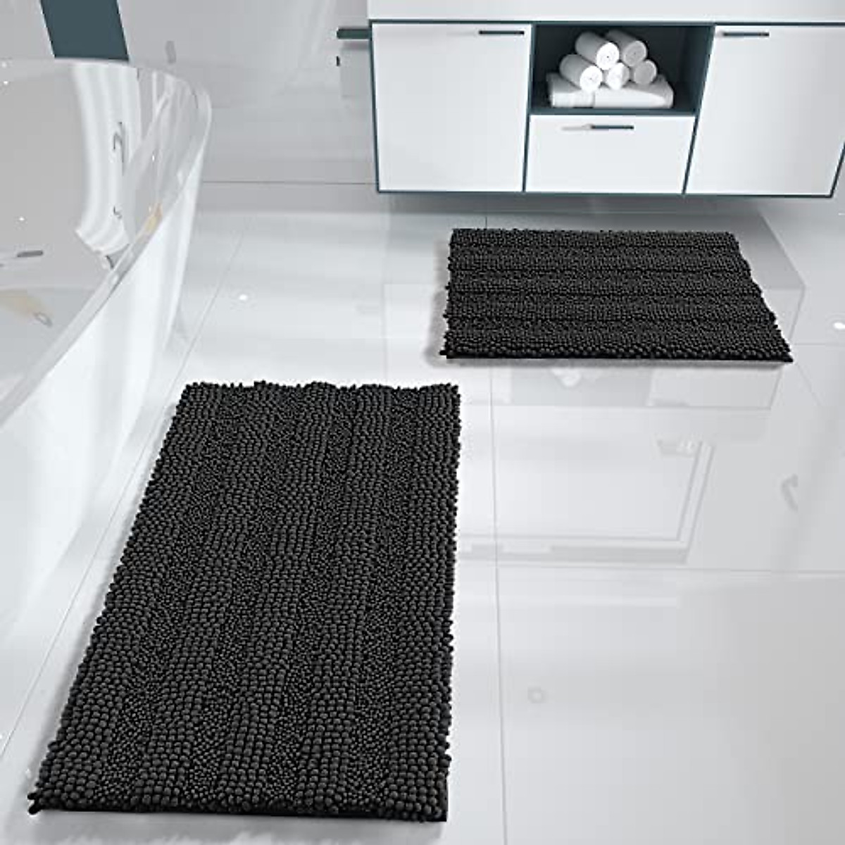 Yimobra Luxury Chenille Shaggy Bathroom Rug Set, 2 Pack Soft Fluffy Plush Bath Mat, Extra Thick, Non-Slip, Water Absorbent, Machine Washable, Bath Mats for Bathroom (Black, 20" x 32"+17" x 24")