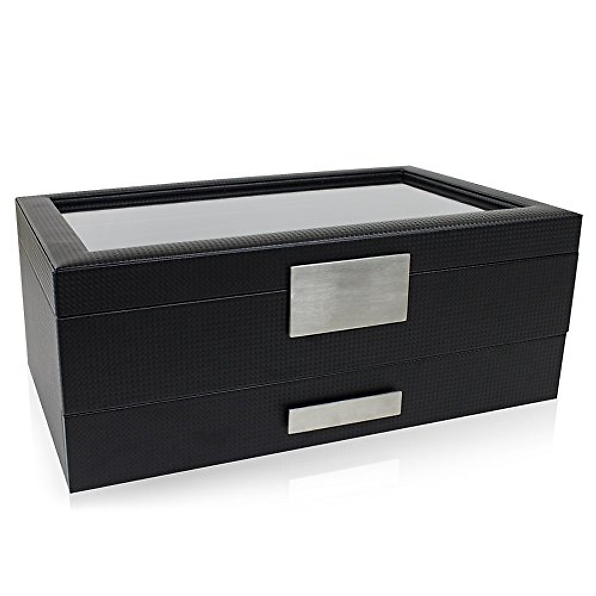Glenor Co Watch Box with Valet Drawer for Men - 12 Slot Luxury Watch Case Display Organizer, Carbon Fiber Design - Metal Buckle for Mens Jewelry Watches, Men's Storage Boxes Holder has Large Glass Top