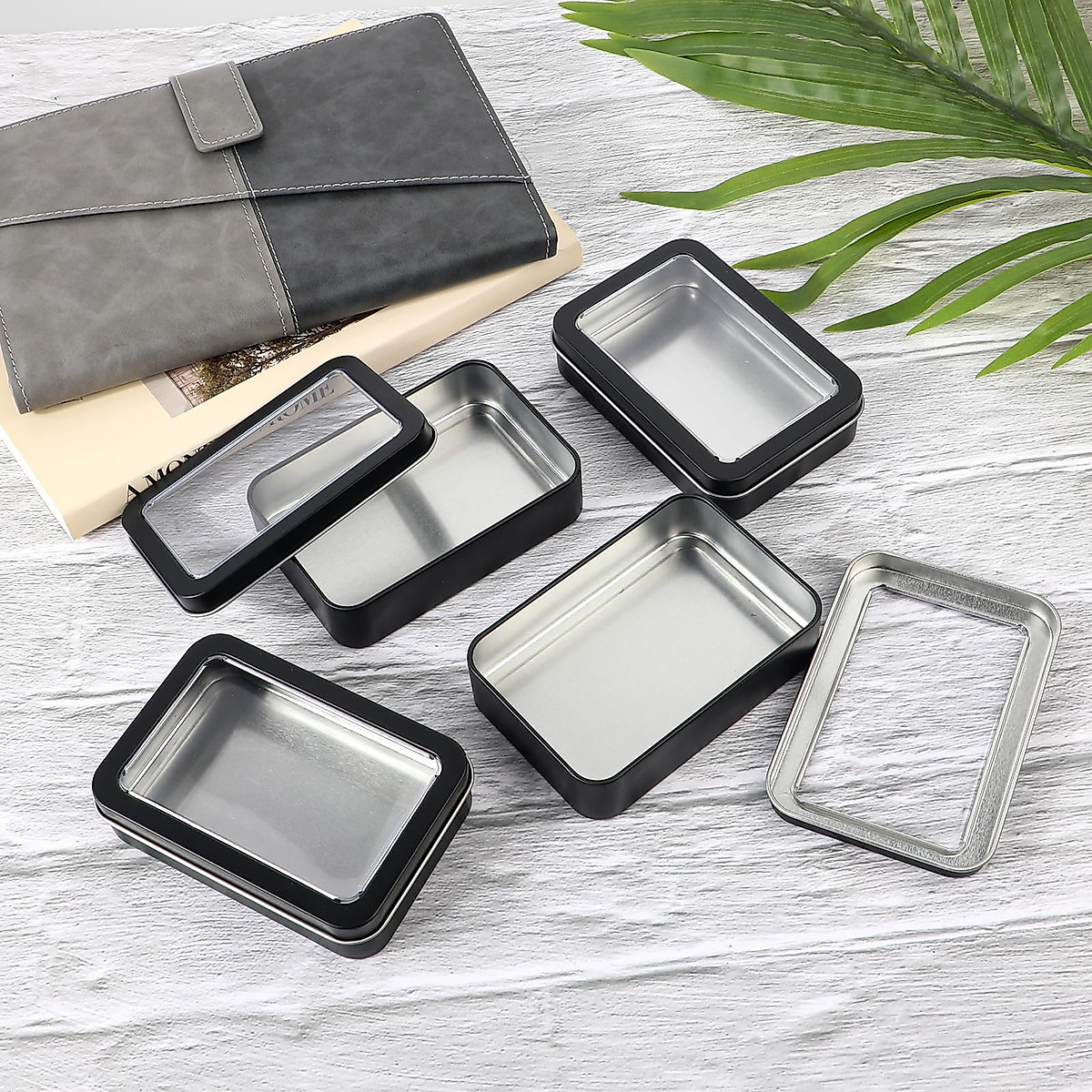 Metal Hinged Tin Box Container, 4 Pieces Rectangular Tin Box Small Storage Box Metal Stash Box Empty Tin Boxes with Removable Clear Window Lid for Candy Jewelry Beads Key Crafts Storage, Black