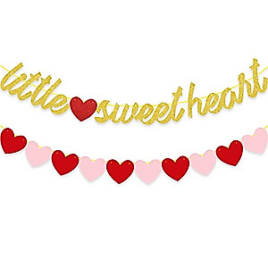 Little Sweetheart Banner Red Pink Heart Garlands Gold Glitter Valentine's Day 1st Birthday Party Baby Shower Decoration