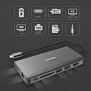 UNITEK Hub USB-C with Power Delivery, HDMI v.1.4 4K@30Hz, Ethernet/Internet Connection, 2 x USB 3.0, USB C with PD 100 W, 20 V/5 A, SD Card Reader, 3.5 mm Audio Connection, Aluminium, Grey