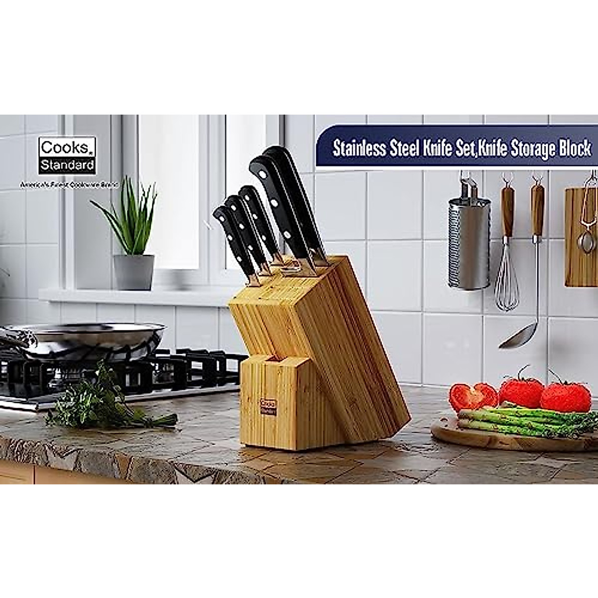 Cooks Standard 6-Piece Stainless Steel Knife Set with Expandable Bamboo Block for Extra Slots