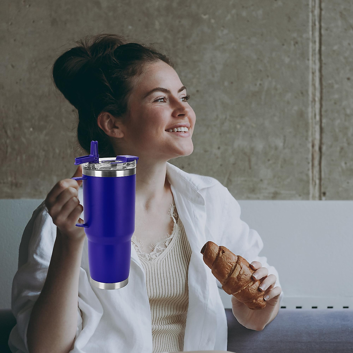 30oz Tumbler with Handle, Insulated Leak Proof Coffee Travel Mug with Straw Lid Double Wall Stainless Steel Vacuum Tumblers Metal Cup Keep Hot and Iced Drink for Gym, Office, Camping, Blue 1 Pack