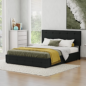 Tuconia Linen Upholstered Platform with 4 Storage Drawers Bed Frame with Headboard and Wooden Slats Support Easy Assembly Queen Size Black