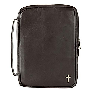 Dicksons Natural Brown Genuine Leather Zippered Bible Cover with Silver-Tone Cross Accent and Carrying Handle, Large
