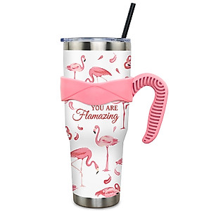 40 oz Tumbler with Handle and Straw 40 oz Flamingo Cup Insulated Stainless Steel Coffee Travel Mug Spill Proof Leak Proof Slim 40oz Tumbler with Handle Flamingo Decor Stuff Gifts for Women