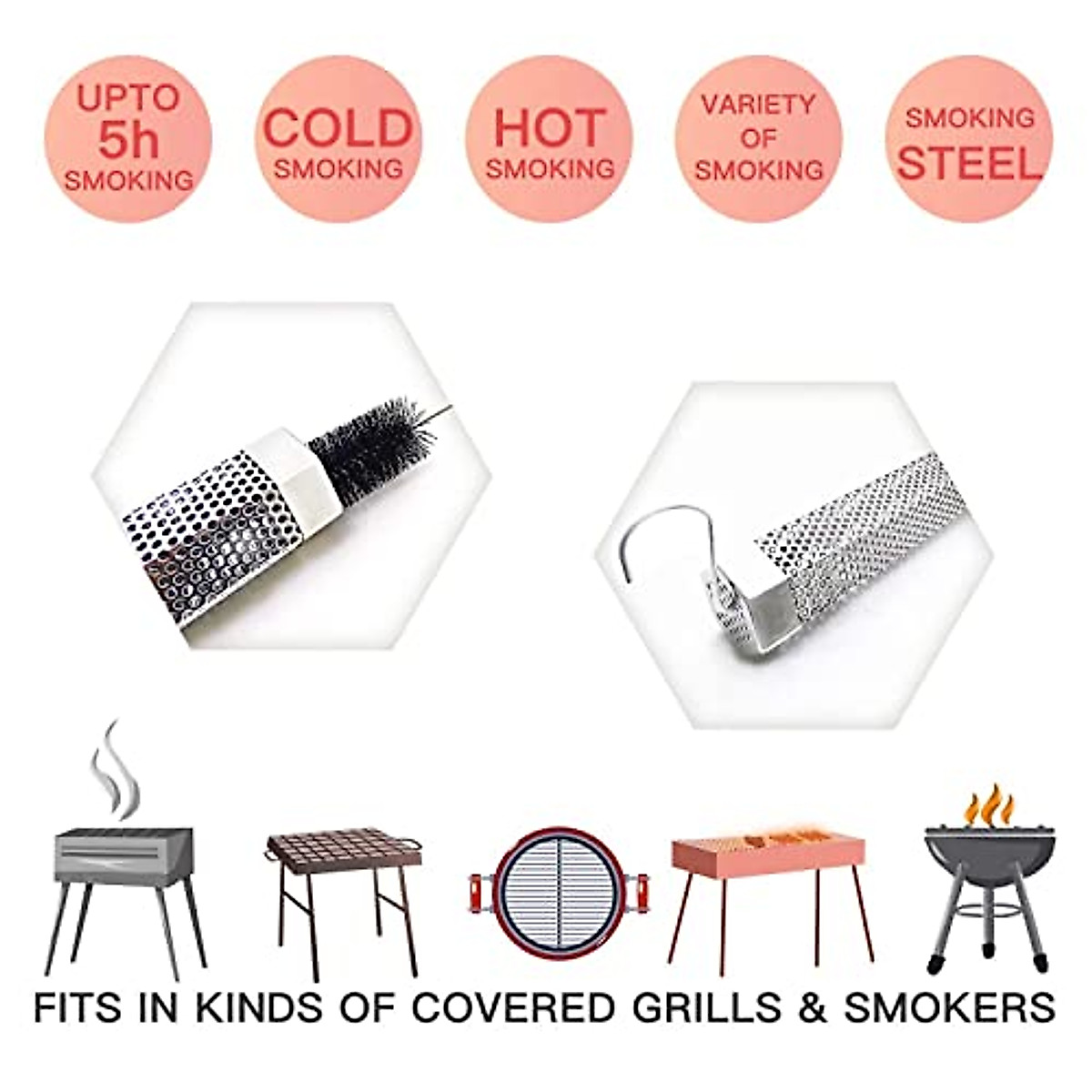 Pellet Smoker Tube-Hylfenis 12" Pellet Tube For Smoking-Hot or Cold Smoking Tube for Electric Gas Charcoal Grilling with 2 Hooks,2 Brushes,10Pack Metal Skewers-Perfect for Smoking Cheese Nuts Steaks Fish Pork Beef