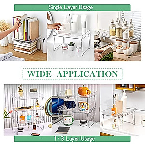 3 Packs Acrylic Cabinet Storage Shelf Organizers, LASZOLA Clear Plastic Kitchen Counter Cabinet Shelves Stand with Stainless Steel Metal Leg for Pantry Countertops Bathroom - Stackable & Foldable