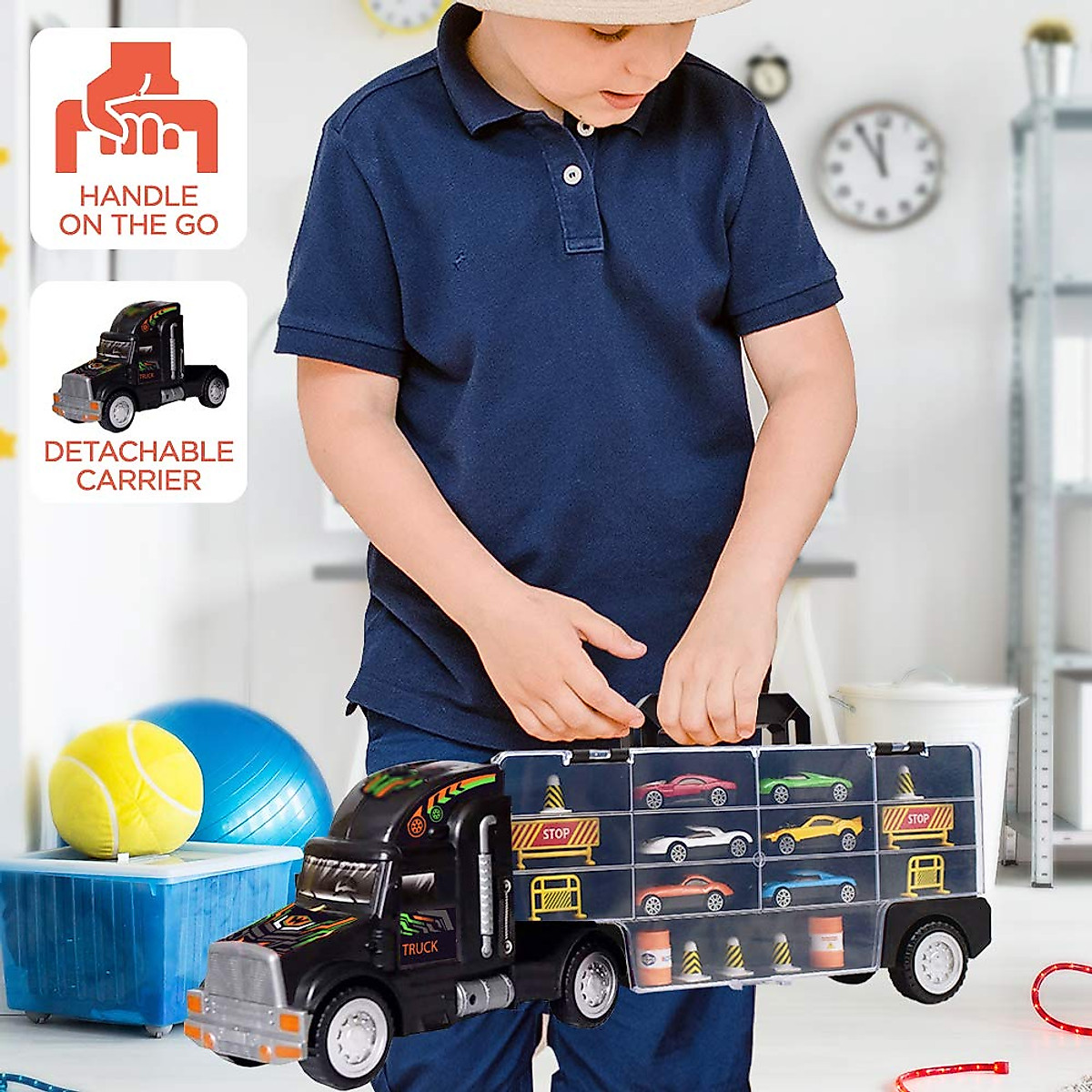 Wolvolk Transport Car Carrier Truck Toy - Car Transporter Carrier Truck Car Set- Toy Car Storage Organizer - Car Carriers Toy Trucks for Boys Age 4-7 with 6 Matchbox Cars, Construction Signs and Cones