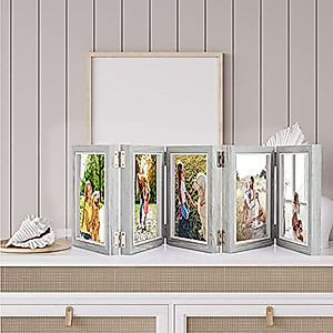 5 Folding 4" x 6" Hinged Picture Frame, Natural Wood Foldable Photo Frame with High Definition Acrylic Rustic Desk Family Picture Collage for Thanksgiving Christmas Valentine's Day Birthday(Gray Blue)