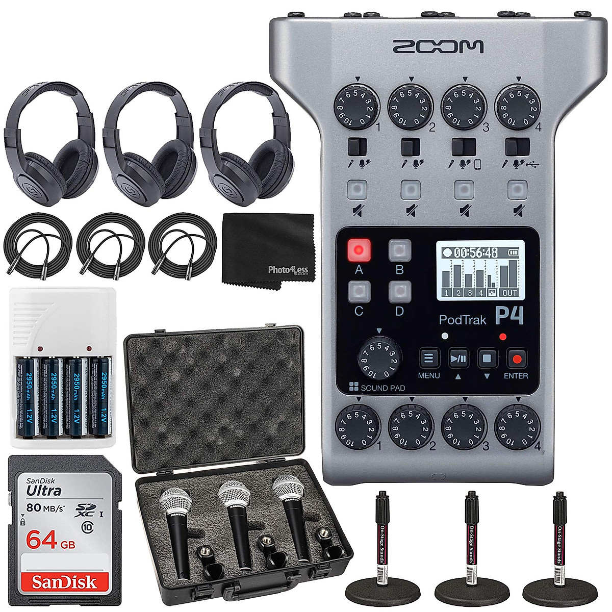 Zoom PodTrak P4 Portable Multitrack Podcast Recorder + 64GB SDXC Memory Card + Dynamic Cardioid Handheld Mic (3-Pack) with Carrying Case + 3X Stereo Headphones + 3X Mic Stand + Batteries and Charger