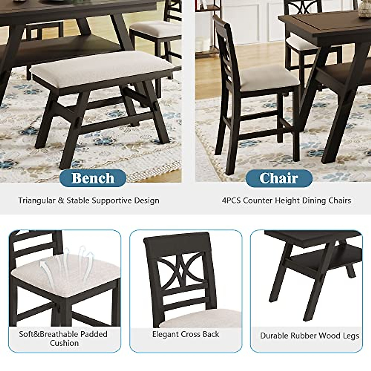 Farmhouse Counter Height 6-Piece Dining Set, Heavy Solid Wood Kitchen Dining Room Table Set, 60 in Triangular Design Bar Table with Storage Shelf, Bench and 4 Chairs with Soft Cushion (Espresso)