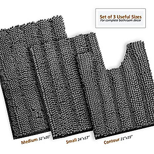 Clara Clark Chenille Bathroom Rugs, Ultra Soft Plush Shaggy Bath Mats for Bathroom, Machine Washable Non Slip Backing Rubber Bath Rug Set, 3 Piece Bathroom Rug Set, Gray