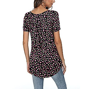 Netsmile Womens Summer Casual Short Sleeve Shirt for Leggings Pleated Button Up Tunic Top Loose Blouse, 2XL, Little Flower Black